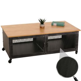 Couchtisch MCW-N28, Sofatisch, Rollen 2 F&auml;cher, 3D-Struktur Industrial Retro Metall Holz 45x120x60cm ~ schwarz, natur
