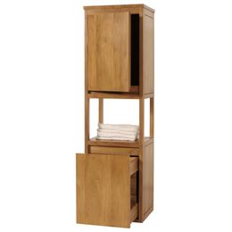 Teak-Hochschrank MCW-M71, Badschrank Badregal Badezimmer, hochwertiges B-Grade-Teak (Kernholz, 20-30 Jahre), 141x41x36cm