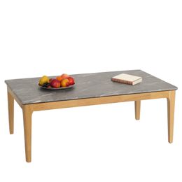 Couchtisch MCW-M55, Beistelltisch Sofatisch, Massiv-Holz HDF Laminat Melamin 46x120x70cm, Marmor/Stein-Optik helle Beine