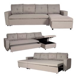 Ecksofa mit Bettkasten MCW-L16, Couch Sofa L-Form, Liegefl&auml;che rechts Nosagfederung Stoff/Textil 290cm ~ beige