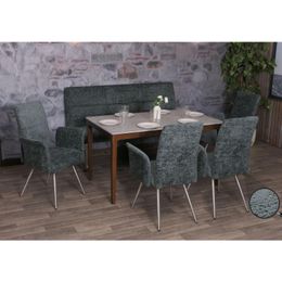 Esszimmer-Set MCW-G55, 4er-Set Stuhl mit Armlehne+Sitzbank 160cm, Edelstahl geb&uuml;rstet Stoff/Textil Chenille ~ blau-gr&uuml;n