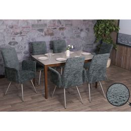 6er-Set Esszimmerstuhl MCW-G55, K&uuml;chenstuhl Stuhl mit Armlehne, Edelstahl geb&uuml;rstet Stoff/Textil Chenille &Ouml;ko-Tex ~ blau-gr&uuml;n