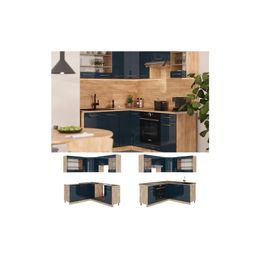 VICCO Eckk&uuml;che Fame-Line Eiche Dunkelblau Hochglanz 160 x 190 cm mit Arbeitsplatte Eiche
