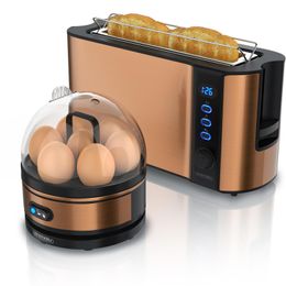 arendo - SET Toaster FRUKOST mit Eierkocher SEVENCOOK Edelstahl Kupfer, Toaster 2 Scheiben, LED-Display, 6 Br&auml;unungsgrade, Br&ouml;tchenhalter - Eierkocher