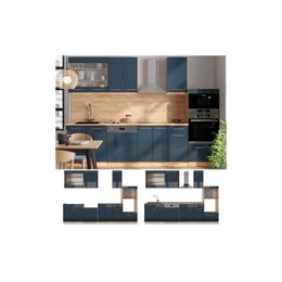 VICCO K&uuml;chenzeile Fame-Line Eiche Dunkelblau Hochglanz 300 cm mit Arbeitsplatte Wei&szlig;-Marmor