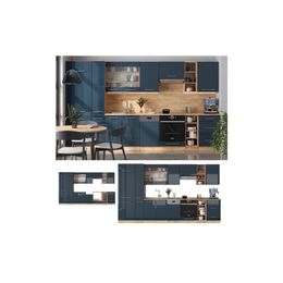 VICCO K&uuml;chenzeile Fame-Line Eiche Dunkelblau Hochglanz 355 cm mit Arbeitsplatte Eiche