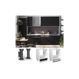 VICCO Herdumbauschrank Fame-Line Wei&szlig; Schwarz gestreift 60 cm mit Arbeitsplatte Eiche