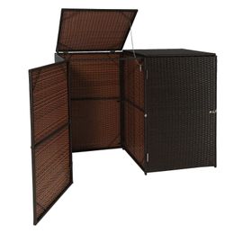 2er-M&uuml;lltonnenverkleidung MCW-E25, M&uuml;lltonnenbox M&uuml;lltonnenabdeckung, Poly-Rattan 2x120l ~ braun