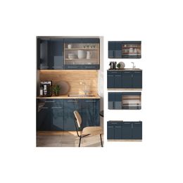 VICCO K&uuml;chenzeile Fame-Line Eiche Dunkelblau Hochglanz 140 cm mit Arbeitsplatte Anthrazit