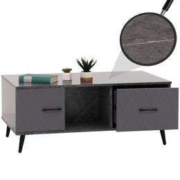 Couchtisch MCW-N89, Sofatisch, Schubladen T&uuml;ren F&auml;cher Fischgr&auml;tenmuster Melamin Holz, 42x103x60cm ~ Marmor-Optik grau