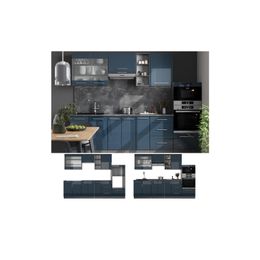 VICCO K&uuml;chenzeile Fame-Line Anthrazit Dunkelblau Hochglanz 280 cm mit Arbeitsplatte Eiche