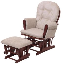 Relaxsessel MCW-C76, Schaukelstuhl Schwingstuhl mit Hocker Stoff Chenille (465g/m&sup2;) &Ouml;ko-Tex ~ creme, Gestell dunkel