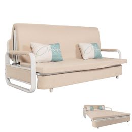 Schlafsofa MCW-M83, Schlafcouch Couch Sofa, Schlaffunktion Bettkasten Liegefl&auml;che, 190x185cm ~ Stoff/Textil beige