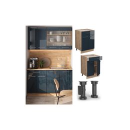 VICCO Schubunterschrank Fame-Line Eiche Dunkelblau Hochglanz 60 cm mit Arbeitsplatte Wei&szlig;-Marmor