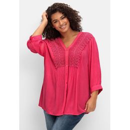 Longbluse sheego by Joe Browns "Große Größen", Damen, Gr. 40, pink, Obermaterial: 100% Viskose (LENZING ECOVERO);Spitze: 100% Baumwolle, unifarben, feminin, figurumspielend lang, 3/4-Ärmel, Blusen, mit Häkelspitze und Biesen