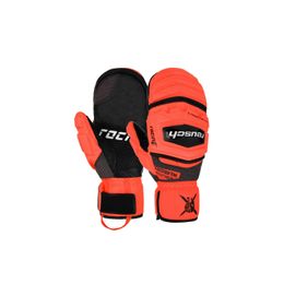 Fäustlinge Reusch "Worldcup Warrior", Damen, Gr. 10, schwarz (schwarz, rot), 77% Polyester, 8% Ziegenleder, 7% Polyamid, 5% Leder, 3% Polyurethan, mehrfarbig, klassisch, Handschuhe, mit eingearbeitetem Fingerfutter