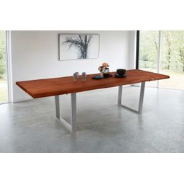 Esstisch mit Ansteckplatten 180(280)x90 cm Baumkante Akazie nussbaum U-Gestell silber CALI