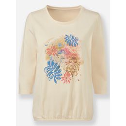 WITT Damen 3/4-Arm-Shirt mit elastischem Saum, elfenbein-taubenblau-bedruckt, Gr&ouml;&szlig;e 38