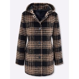 Damen Outdoorjacke in schmeichelnder Longform schwarz-camel-kariert, Gr&ouml;&szlig;e 42