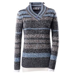 WITT Damen V-Ausschnitt-Pullover aus Melangegarn, jeansblau-anthrazit-geringelt, Gr&ouml;&szlig;e 50
