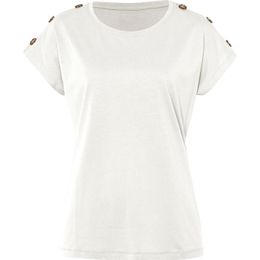 Damen Kurzarmshirt mit Kn&ouml;pfen in Horn-Optik ecru, Gr&ouml;&szlig;e 38