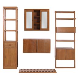 Mendler Teak-Badezimmer-Set HWC-M86, Waschtisch Regal Leiterregal Wandspiegel Badematte, hochwertiges B-Grad 112974