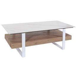 Mendler Couchtisch HWC-L88, Wohnzimmertisch Tisch, Ablage Eisen 43x120x60cm Sinterstein Marmor-Optik wei&szlig; Ho 102700