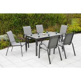 Garten-Essgruppe Merxx "Amalfi", grau (anthrazit, anthrazit, grafit), Polyester, Aluminium, Polyester, Sicherheitsglas, Sitzmöbel-Sets, 6 Sessel, stapelbar, Tisch 90x150 cm