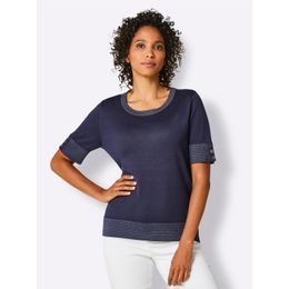 CREATION L PREMIUM Wit Damen Kurzarmpullover mit Glanzgarn-Abschl&uuml;ssen, marine, Gr&ouml;&szlig;e 44