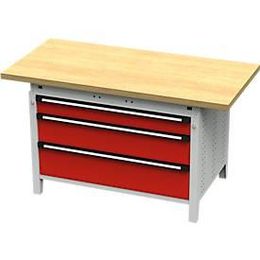 Otto Kind Breitfachwerkbank Typ 405, Buche Multiplexplatte, bis 1.200 kg, B 1524 x T 750 x H 850 mm, Stahl, Zentralverschluss, lichtgrau/feuerrot