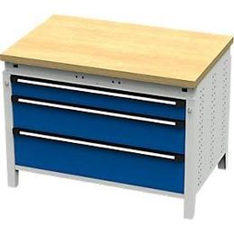 Otto Kind Breitfachwerkbank Typ 410, Buche Multiplexplatte, bis 1.200 kg, B 1152 x T 750 x H 850 mm, Stahl, Zentralverschluss, lichtgrau/enzianblau