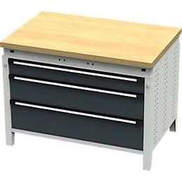 Otto Kind Breitfachwerkbank Typ 410, Buche Multiplexplatte, bis 1.200 kg, B 1152 x T 750 x H 850 mm, Stahl, Zentralverschluss, lichtgrau/anthrazitgrau