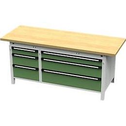 Otto Kind Breitfachwerkbank Typ 415, Buche Multiplexplatte, bis 1.400 kg, B 2004 x T 750 x H 850 mm, Stahl, Zentralverschluss, lichtgrau/resedagrün