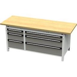 Otto Kind Breitfachwerkbank Typ 415, Buche Multiplexplatte, bis 1.400 kg, B 2004 x T 750 x H 850 mm, Stahl, Zentralverschluss, lichtgrau/staubgrau