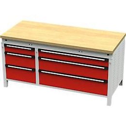 Otto Kind Breitfachwerkbank Typ 420, bündig, Buche Multiplexplatte, bis 1400 kg, B 1697 x T 750 x H 850 mm, Stahl, Zentralverschluss, lichtgrau/feuerrot
