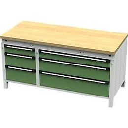 Otto Kind Breitfachwerkbank Typ 420, bündig, Buche Multiplexplatte, bis 1400 kg, B 1697 x T 750 x H 850 mm, Stahl, Zentralverschluss, lichtgrau/resedagrün