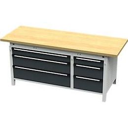 Otto Kind Breitfachwerkbank Typ 425, Buche Multiplexplatte, überstehend, bis 1400 kg, B 2004 x T 750 x H 850 mm, Stahl, Zentralverschluss, lichtgrau/anthrazitgrau