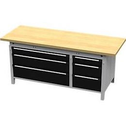 Otto Kind Breitfachwerkbank Typ 425, Buche Multiplexplatte, überstehend, bis 1400 kg, B 2004 x T 750 x H 850 mm, Stahl, Zentralverschluss, weißaluminium/tiefschwarz