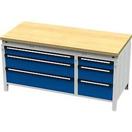 Otto Kind Breitfachwerkbank Typ 430, Buche Multiplexplatte, bündig, bis 1400 kg, B 1697 x T 750 x H 850 mm, Stahl, Zentralverschluss, lichtgrau/enzianblau