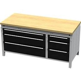 Otto Kind Breitfachwerkbank Typ 430, Buche Multiplexplatte, bündig, bis 1400 kg, B 1697 x T 750 x H 850 mm, Stahl, Zentralverschluss, weißaluminium/tiefschwarz