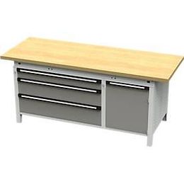 Otto Kind Breitfachwerkbank Typ 435, Buche Multiplexplatte, überstehend, bis 1400 kg, B 2004 x T 750 x H 850 mm, Stahl, Zentralverschluss, lichtgrau/staubgrau