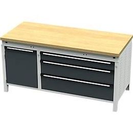 Otto Kind Breitfachwerkbank Typ 440, Buche Multiplexplatte, bündig, bis 1400 kg, B 1697 x T 750 x H 850 mm, Stahl, Zentralverschluss, lichtgrau/anthrazitgrau