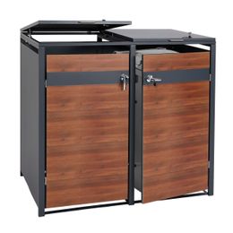 2er Mülltonnenverkleidung HWC-J82, Mülltonnenbox, erweiterbar, Metall 50kg, anthrazit ~ Kirsche-Holzoptik dunkelbraun