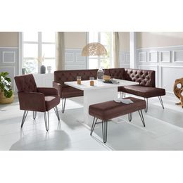 Eckbank exxpo - SOFA FASHION "Doppio, Chesterfield Optik, komfortabel und bequem, hohe Designfüße", braun (chocco), B:158cm H:90cm T:236cm, 100% Polyester, Sitzbänke, Frei im Raum stellbar