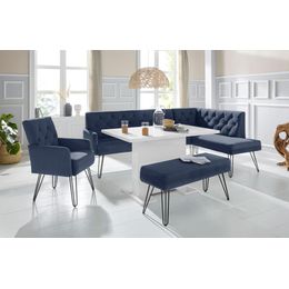 Eckbank exxpo - SOFA FASHION "Doppio, Chesterfield Optik, komfortabel und bequem, hohe Designfüße", blau (navy), B:158cm H:90cm T:236cm, 100% Polyester, Sitzbänke, Frei im Raum stellbar