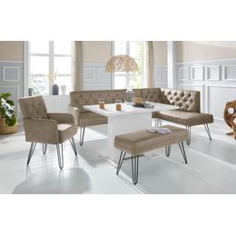 Eckbank exxpo - SOFA FASHION "Doppio, Chesterfield Optik, komfortabel und bequem, hohe Designfüße", braun (cappuccino), B:158cm H:90cm T:236cm, 100% Polyester, Sitzbänke, Frei im Raum stellbar