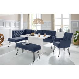 Eckbank exxpo - SOFA FASHION "Doppio, Chesterfield Optik, komfortabel und bequem, hohe Designfüße", blau (navy), B:158cm H:90cm T:236cm, 100% Polyester, Sitzbänke, Frei im Raum stellbar