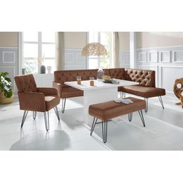 Eckbank exxpo - SOFA FASHION "Doppio, Chesterfield Optik, komfortabel und bequem, hohe Designfüße", braun (cognac), B:158cm H:90cm T:236cm, 100% Polyester, Sitzbänke, Frei im Raum stellbar