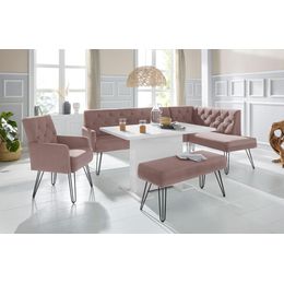 Eckbank exxpo - SOFA FASHION "Doppio, Chesterfield Optik, komfortabel und bequem, hohe Designfüße", pink (powder pink), B:158cm H:90cm T:236cm, 100% Polyester, Sitzbänke, Frei im Raum stellbar