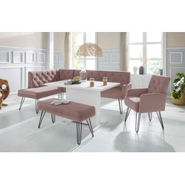 Eckbank exxpo - SOFA FASHION "Doppio, Chesterfield Optik, komfortabel und bequem, hohe Designfüße", pink (powder pink), B:158cm H:90cm T:236cm, 100% Polyester, Sitzbänke, Frei im Raum stellbar